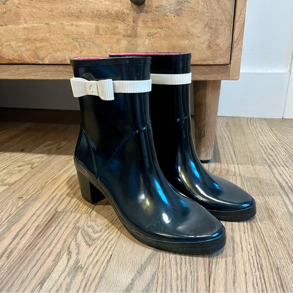 kate spade | Shoes | Kate Spade Glossy Black Rain Boots With Cream Bow ...